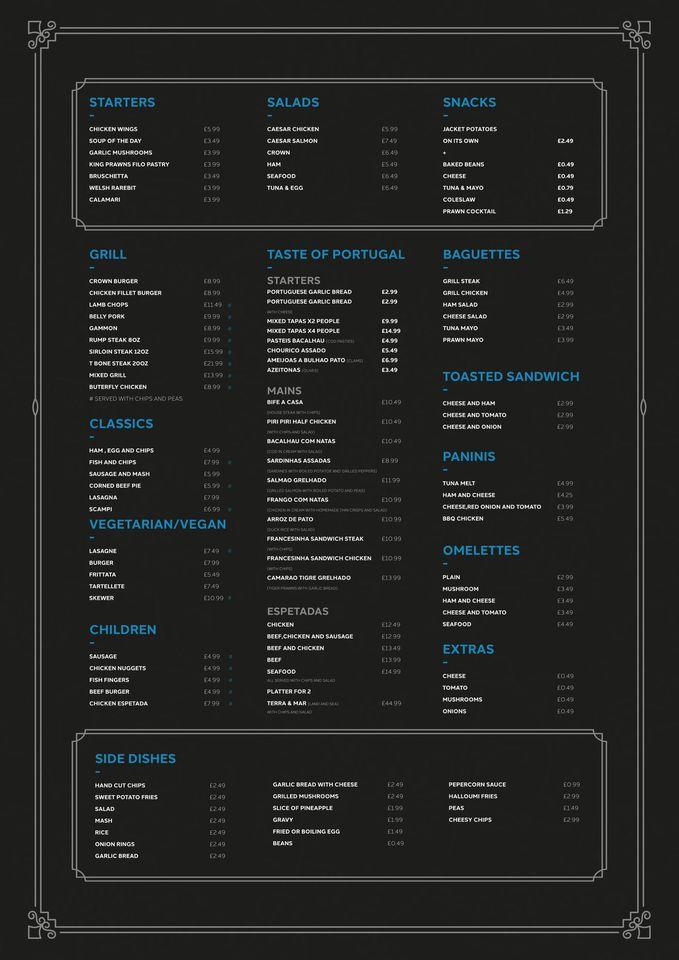 Menu at The New Crown restaurant, Merthyr Tydfil