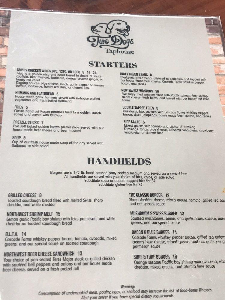 Menu at Two Dogs Taphouse pub & bar, McMinnville
