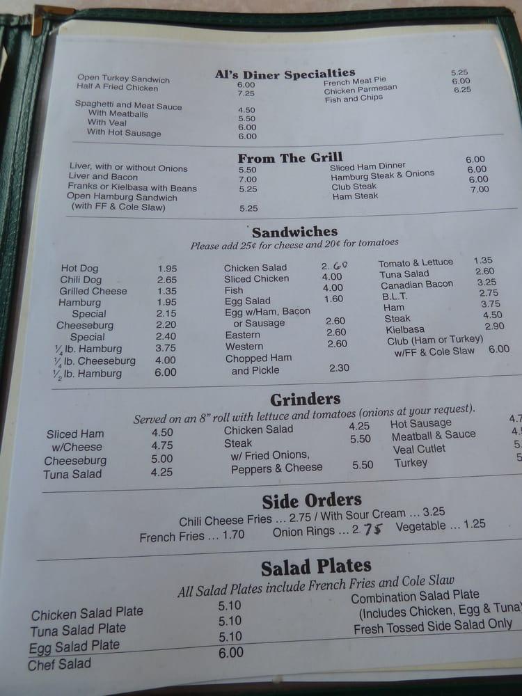 Menu at Al's Diner restaurant, Chicopee