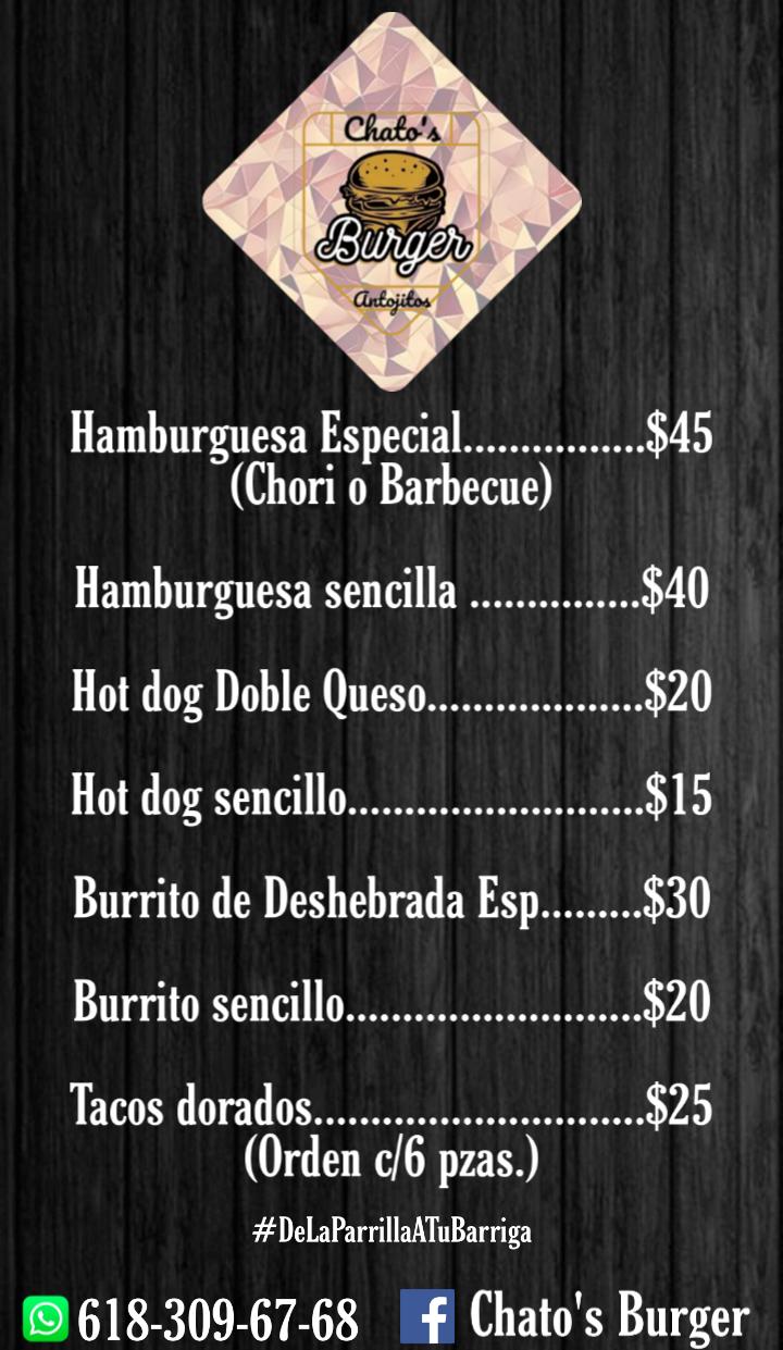Menu at Chato's Burger restaurant, Durango