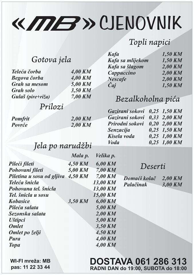 Menu at MB restaurant, Hadžići