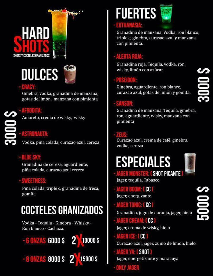 Menu at HARD SHOTS restaurant, Medellín