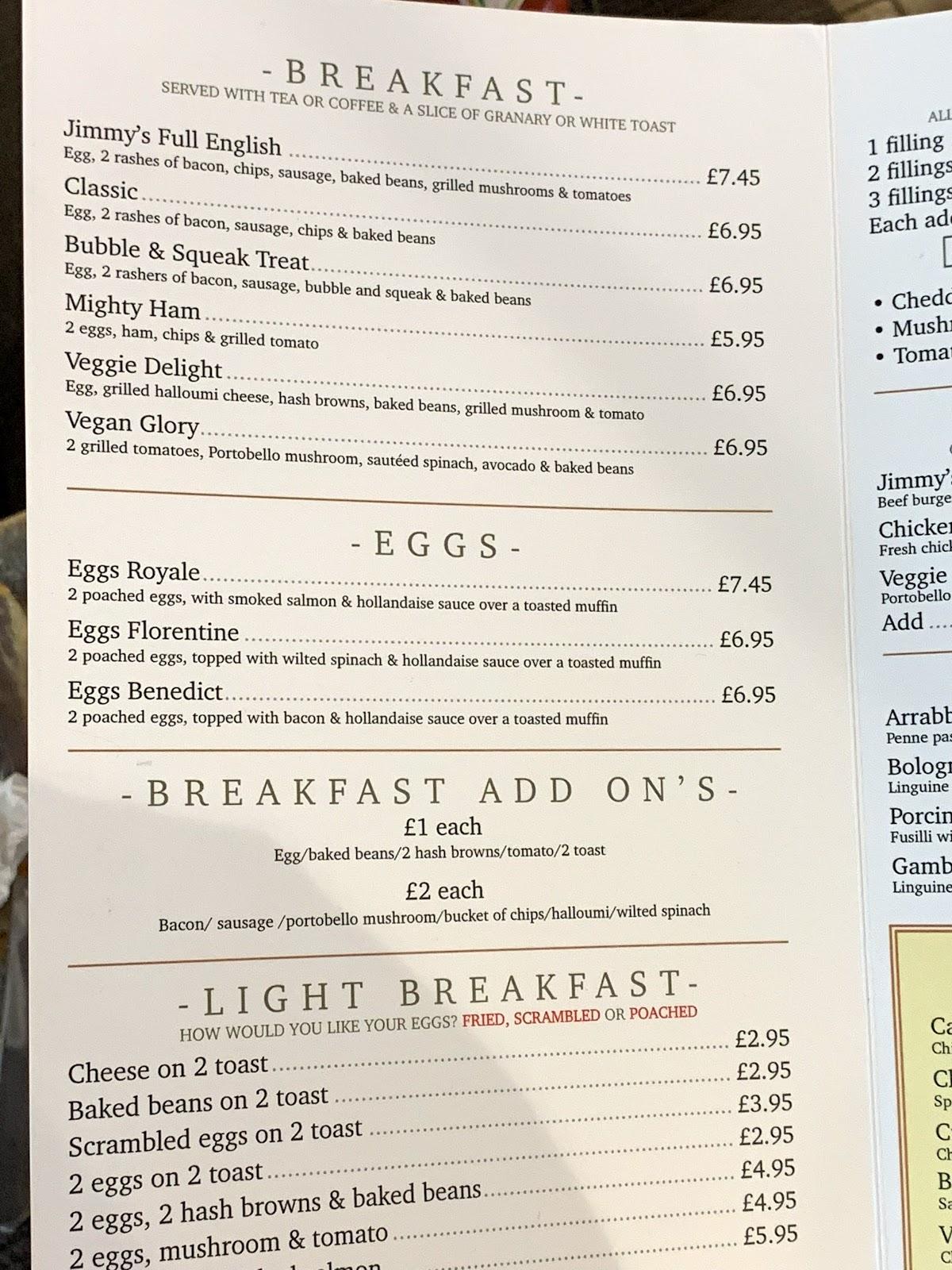 Menu at Jimmy Jacks cafe, London