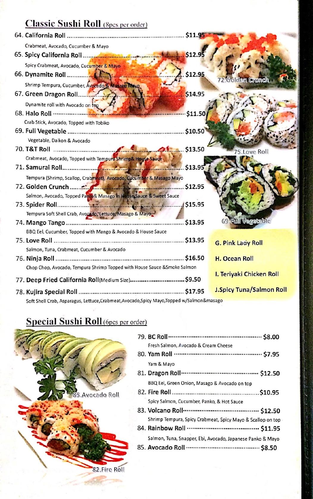 Menu at Kujira restaurant, Whitecourt