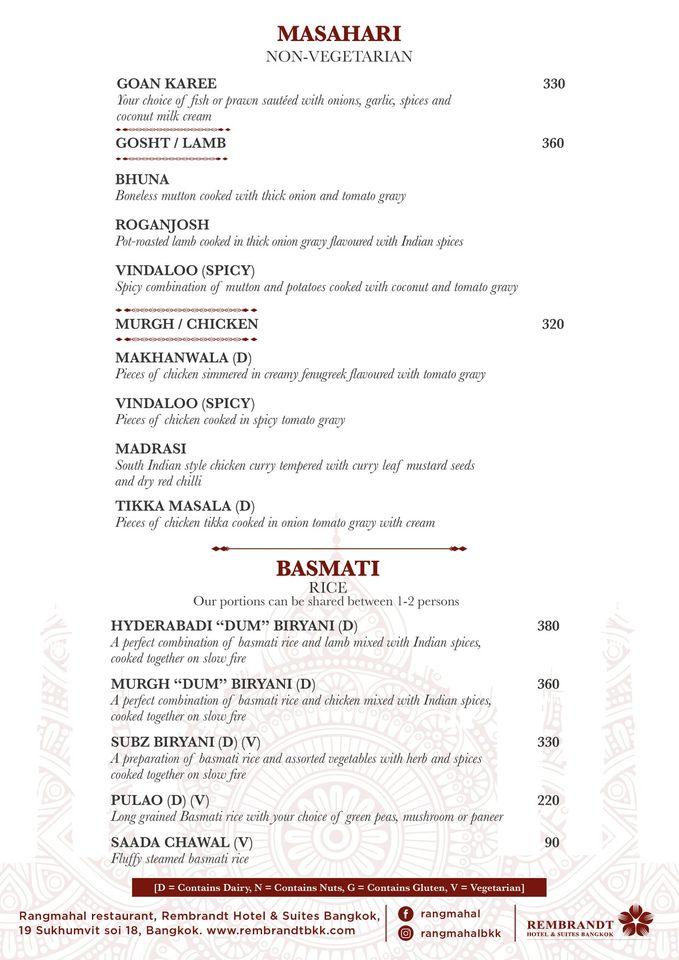 Menu at Rang Mahal restaurant, Bangkok, 19 Sukhumvit Soi 18