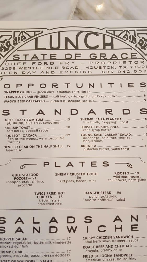 Menu at State of Grace restaurant, Houston, Westheimer Rd