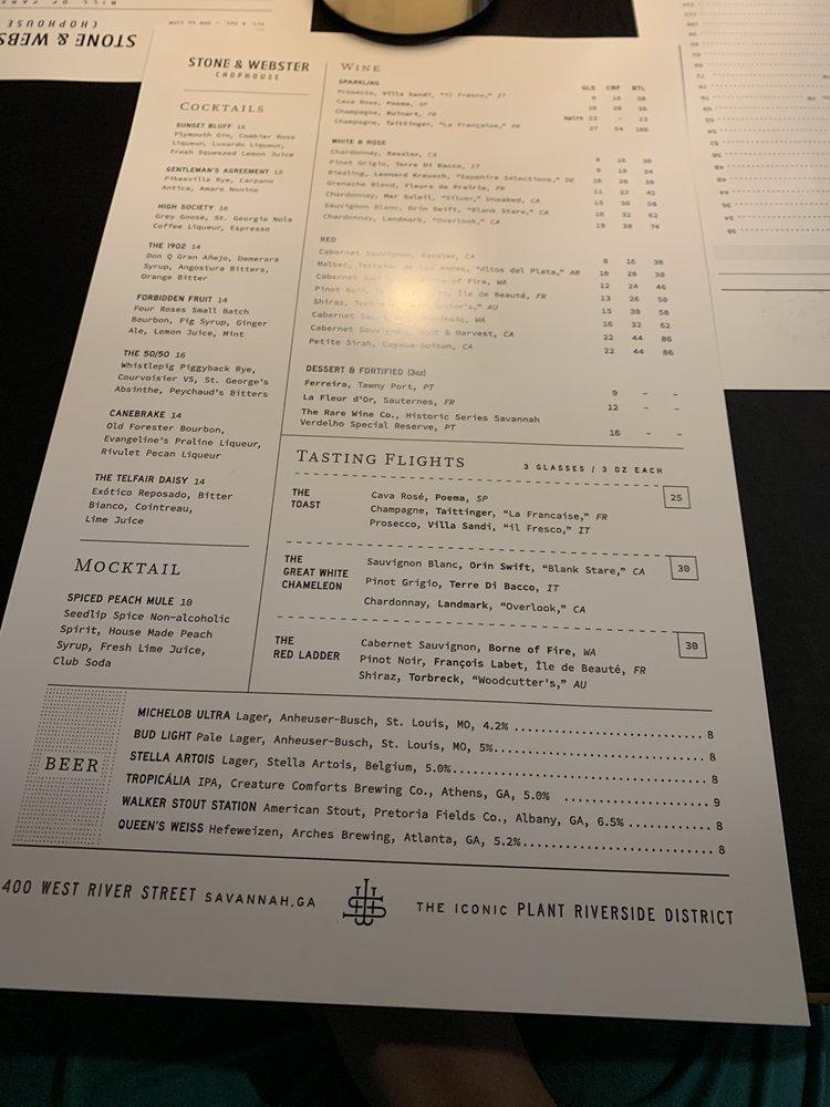 Menu at Stone & Webster Chophouse pub & bar, Savannah