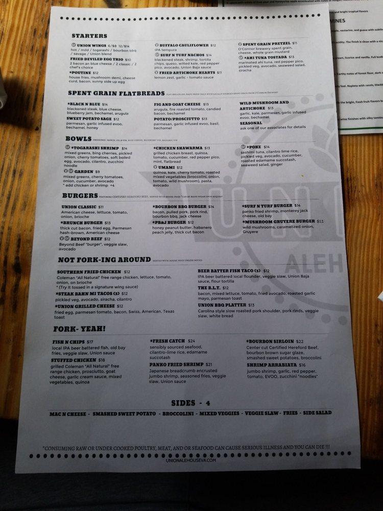 Menu at Union Alehouse pub & bar, Virginia Beach