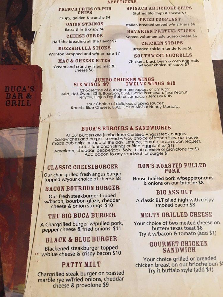 Menu at Buca's Bar & Grill, Racine