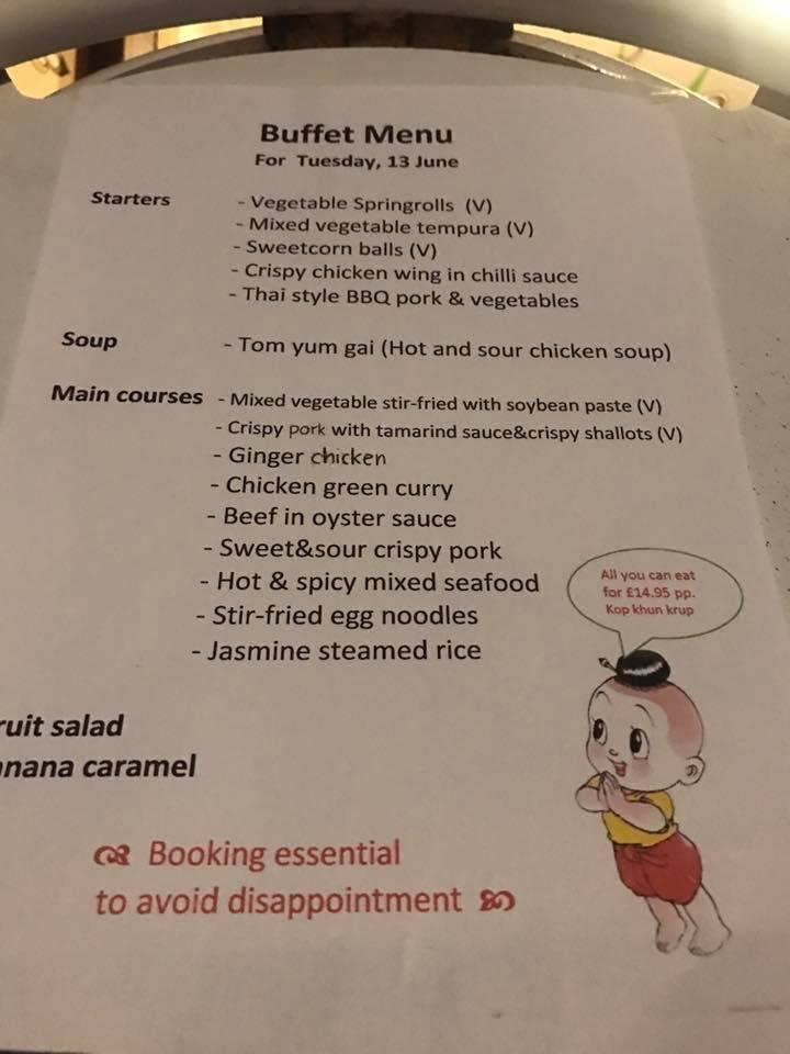 Menu at Chai-Yo restaurant, Sheringham