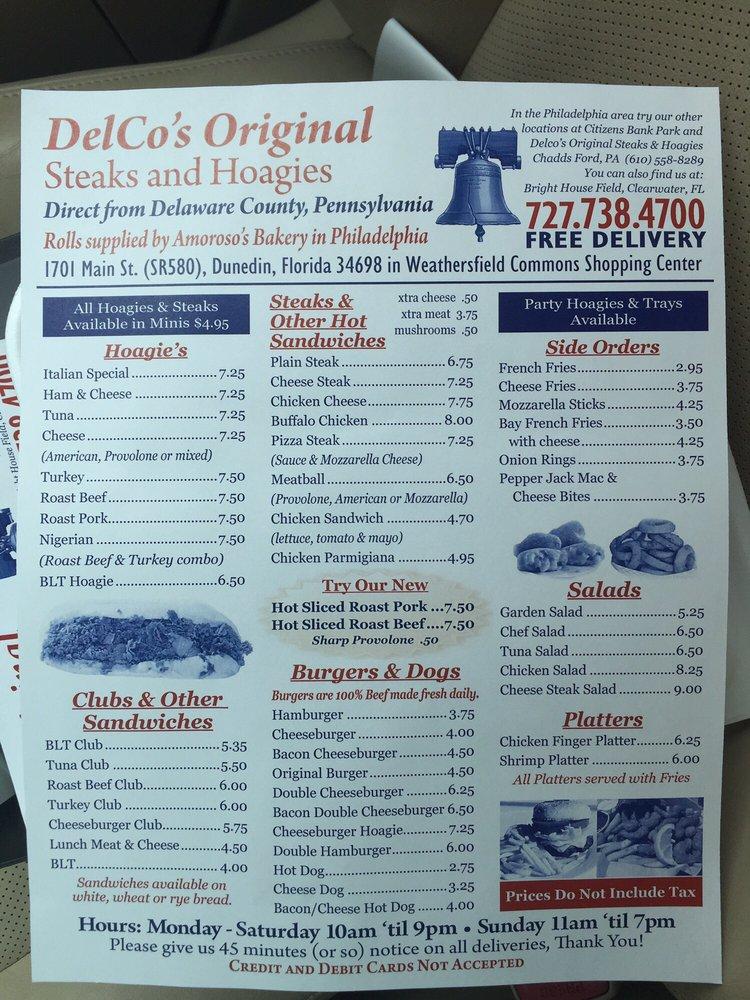 Menu at Delco's Original Steaks steakhouse, Dunedin