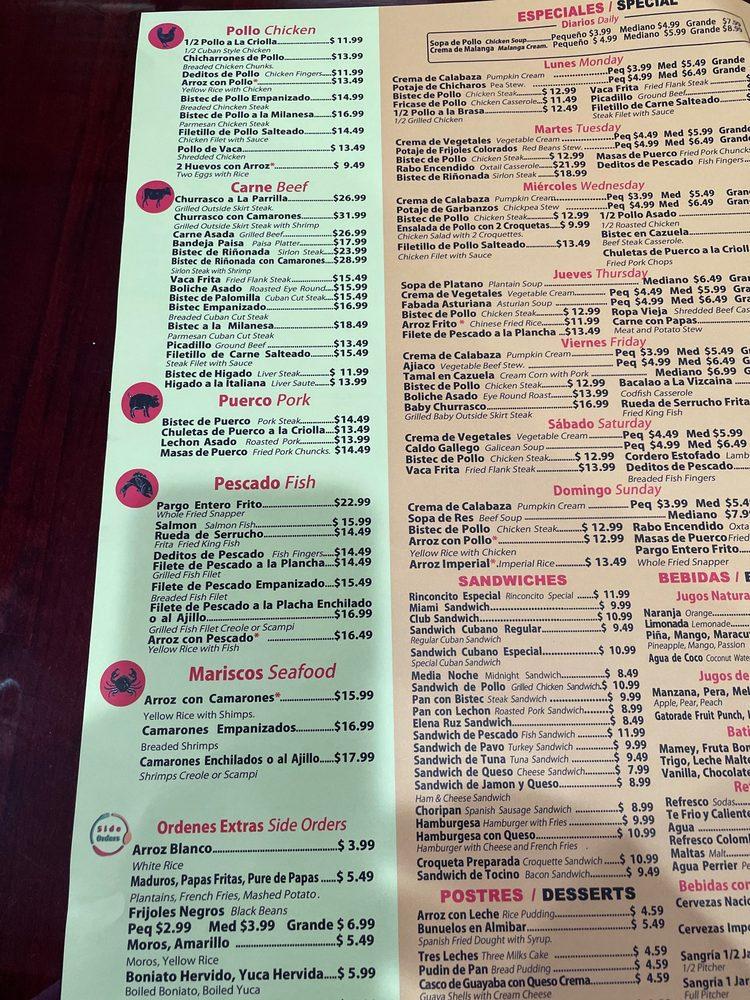 Menu at El Rinconcito Latino Doral restaurant, Miami, NW 36th St