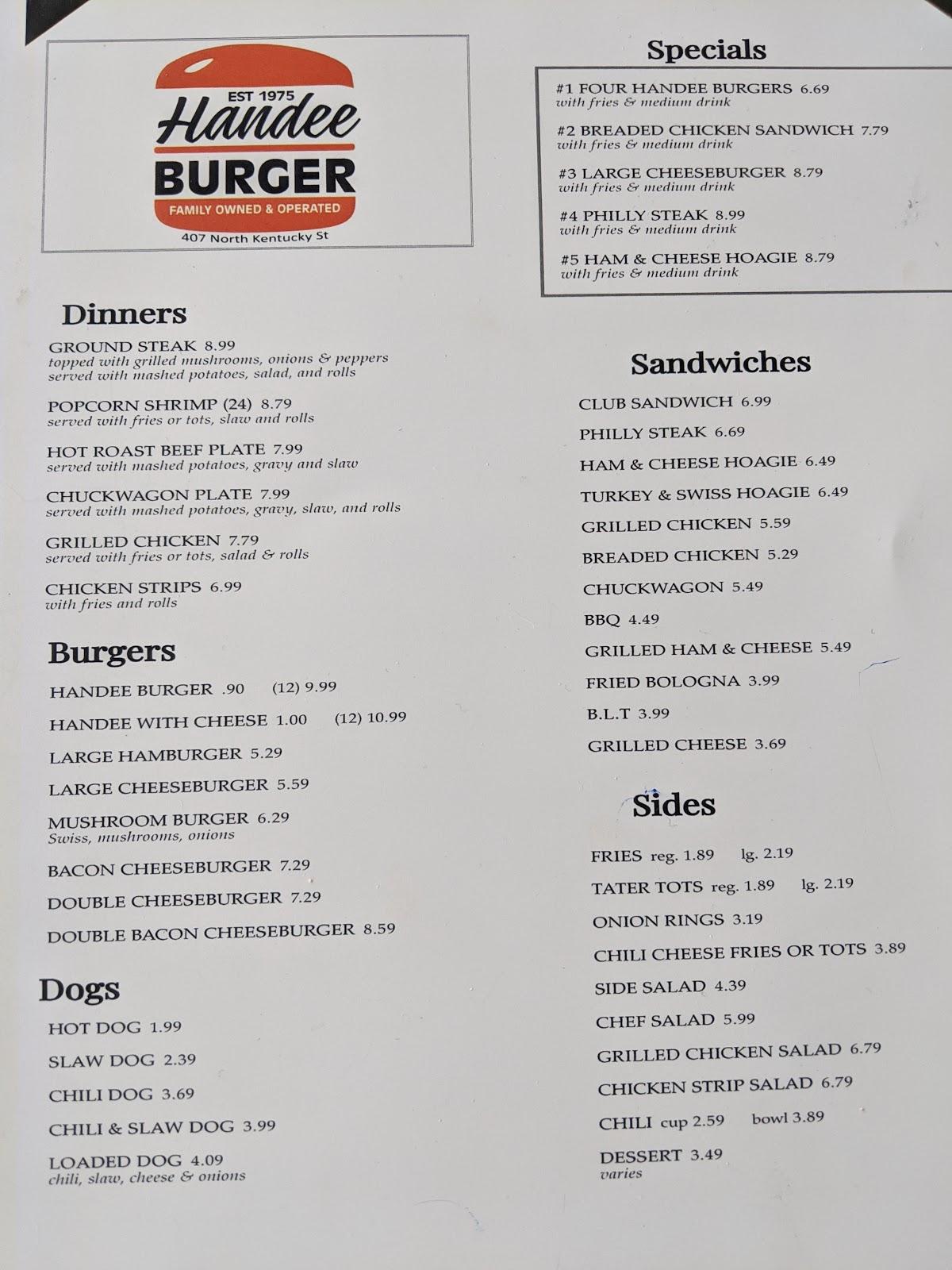 Menu at Handee Burger restaurant, Kingston