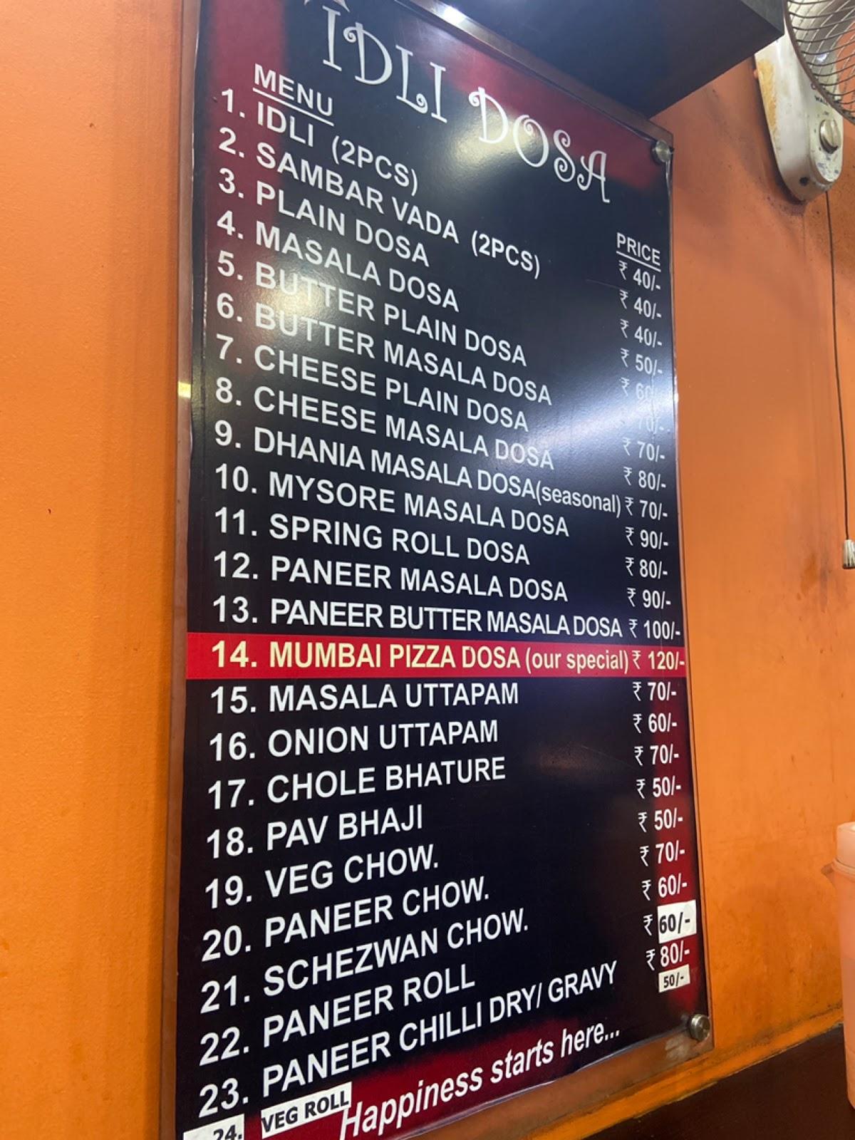 Menu at Idli Dosa, Guwahati