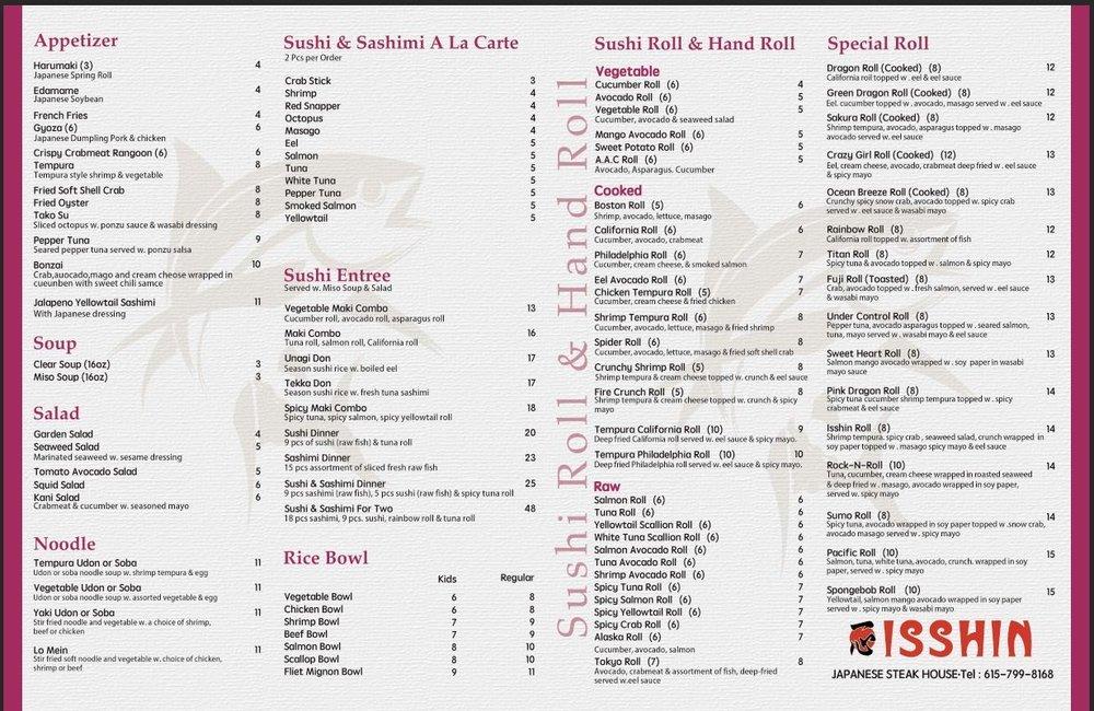 Menu at Isshin Japanese Steakhouse, Fairview