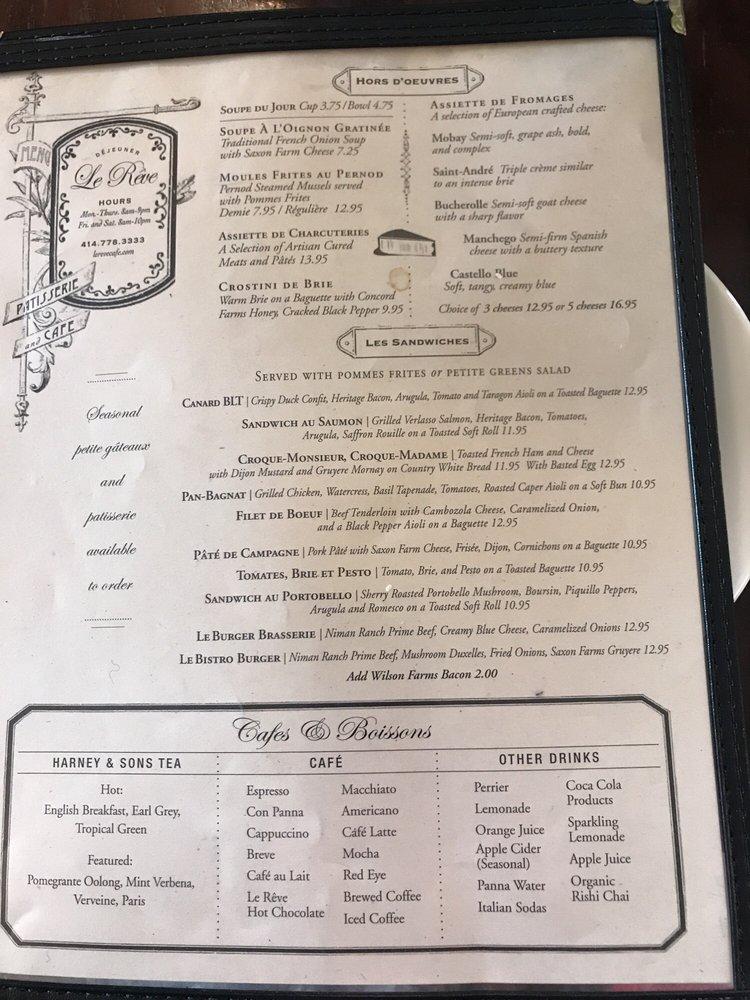 Menu at Le Reve Pâtisserie & Café restaurant, Wauwatosa