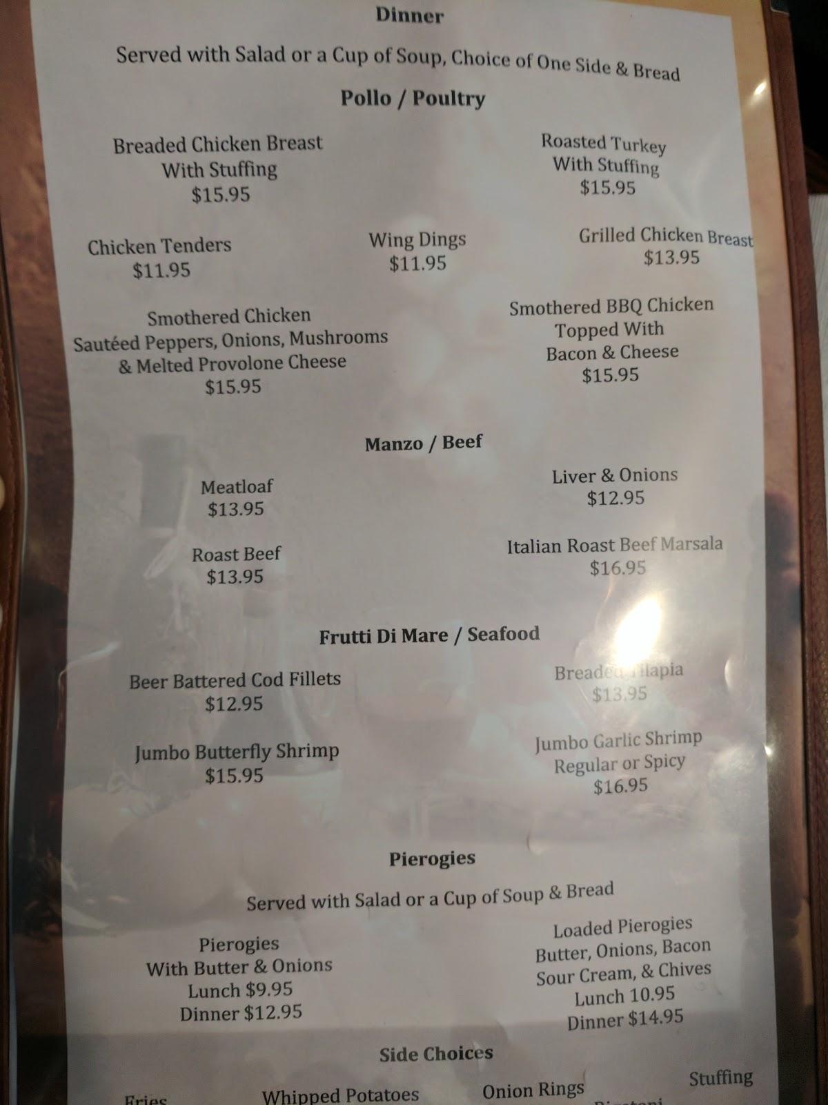 Menu at Lenzi's Restaurant, Monongahela