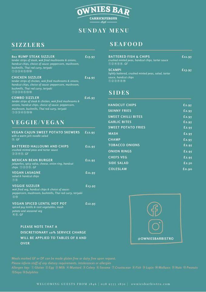 Menu at Ownies Bar and Bistro, Carrickfergus