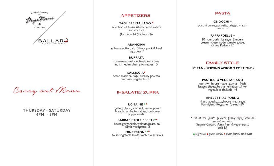 Menu at PepeNero restaurant, Traverse City
