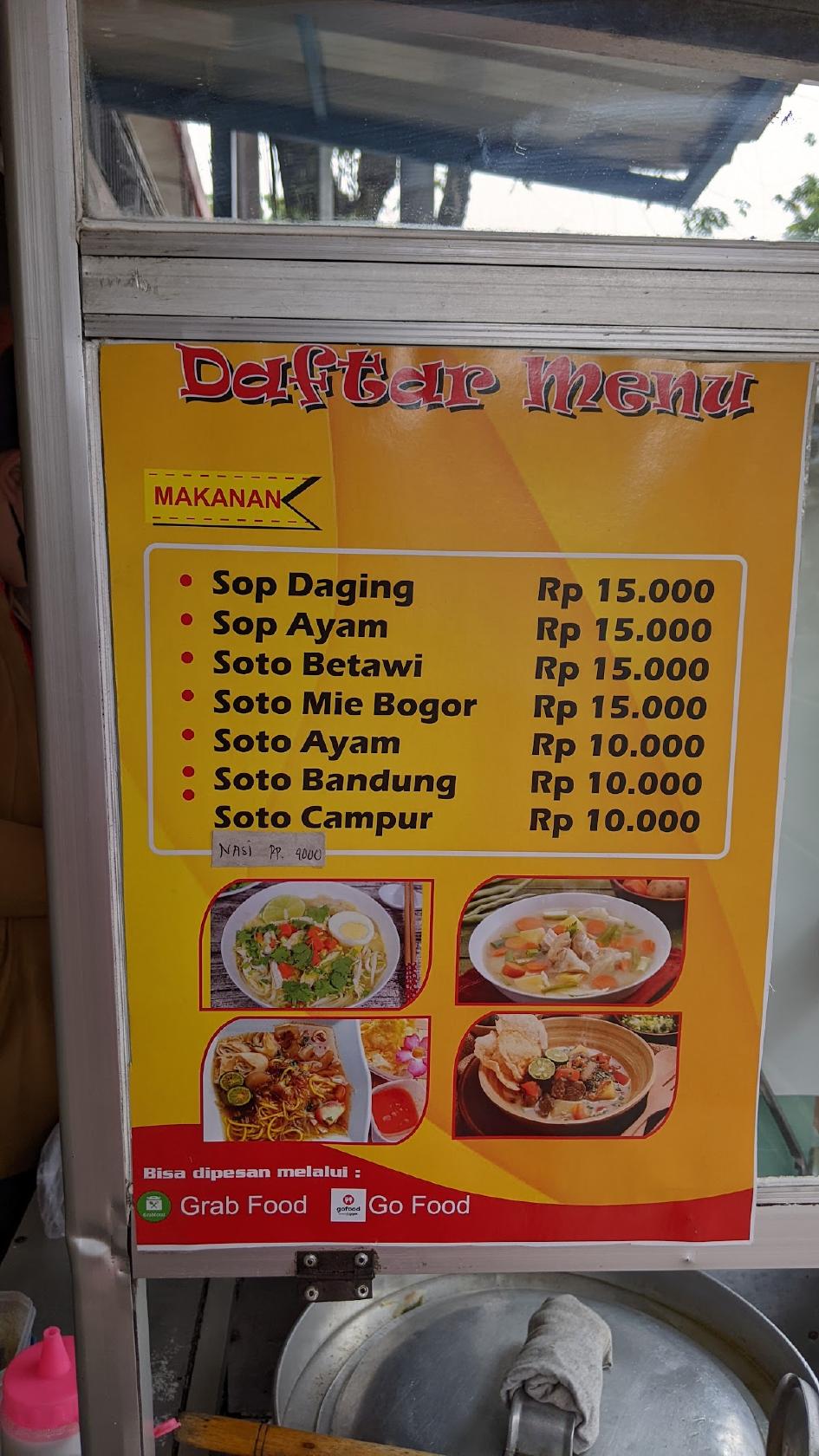 Menu at Sop & Soto Pak Man restaurant, Bandung