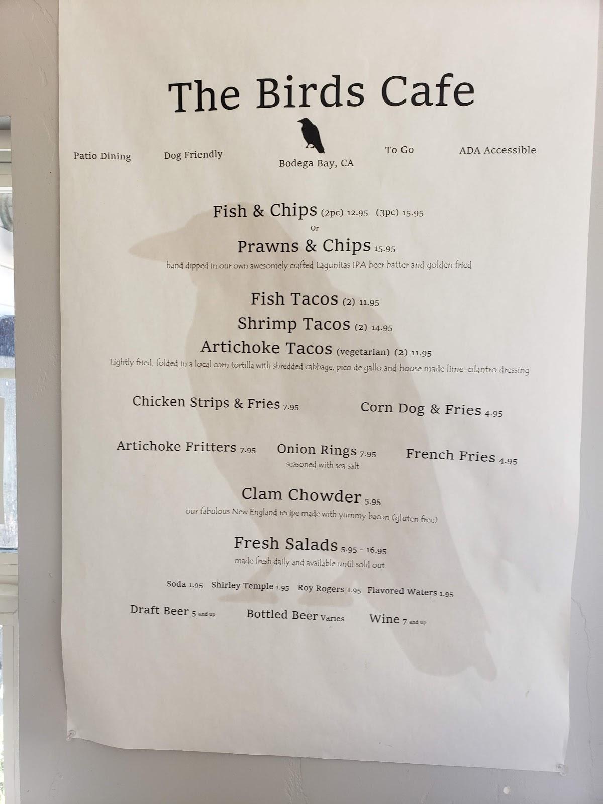Menu at The Birds Cafe, Bodega Bay