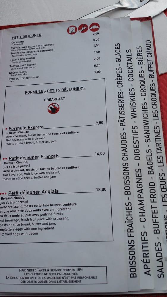 Menu at Café Madeleine Paris, Paris, 35 Pl. de la Madeleine