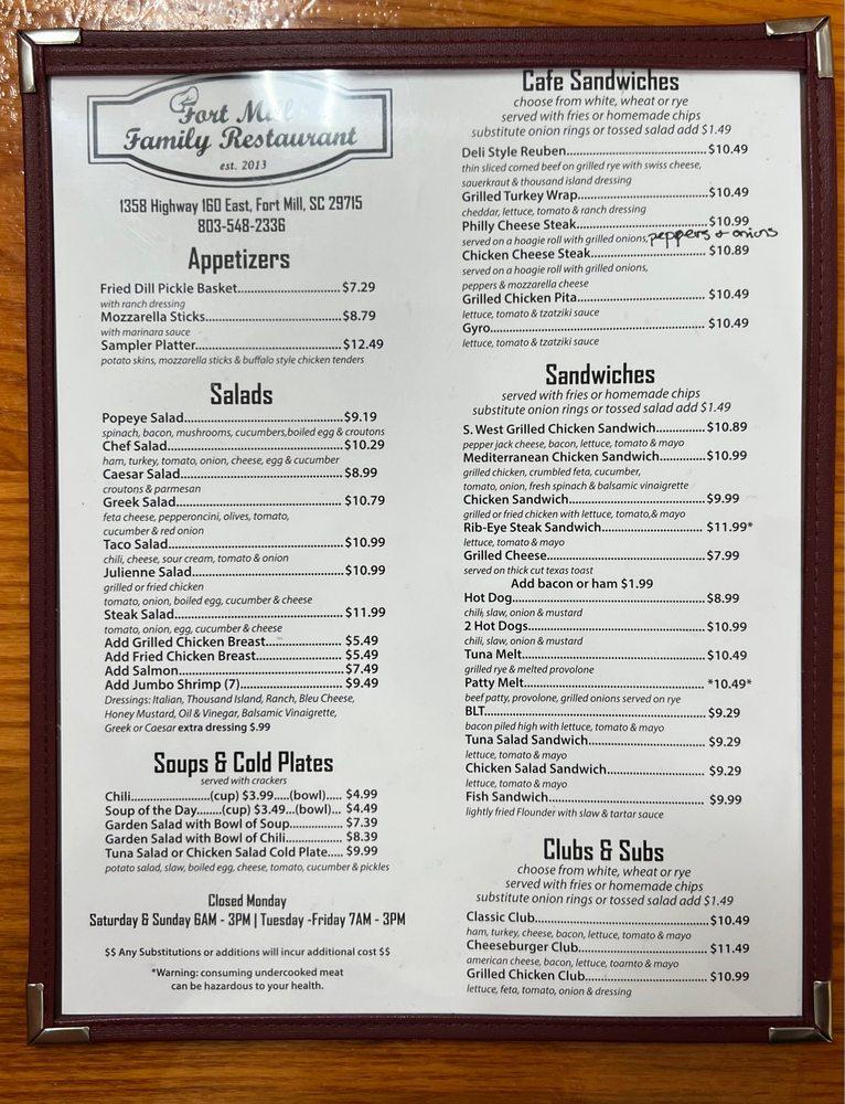 Menu at Fort Mill Family Restaurant, Fort Mill