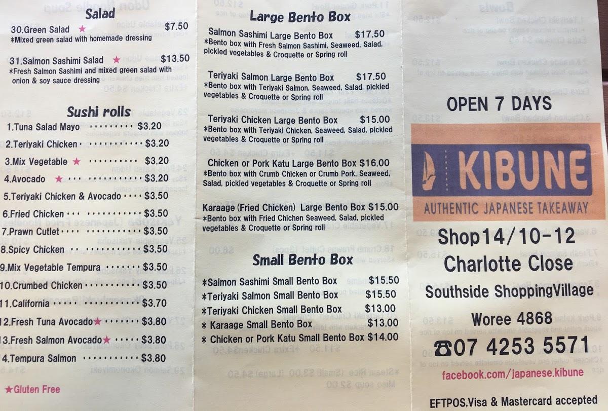 Menu at Kibune restaurant, Woree