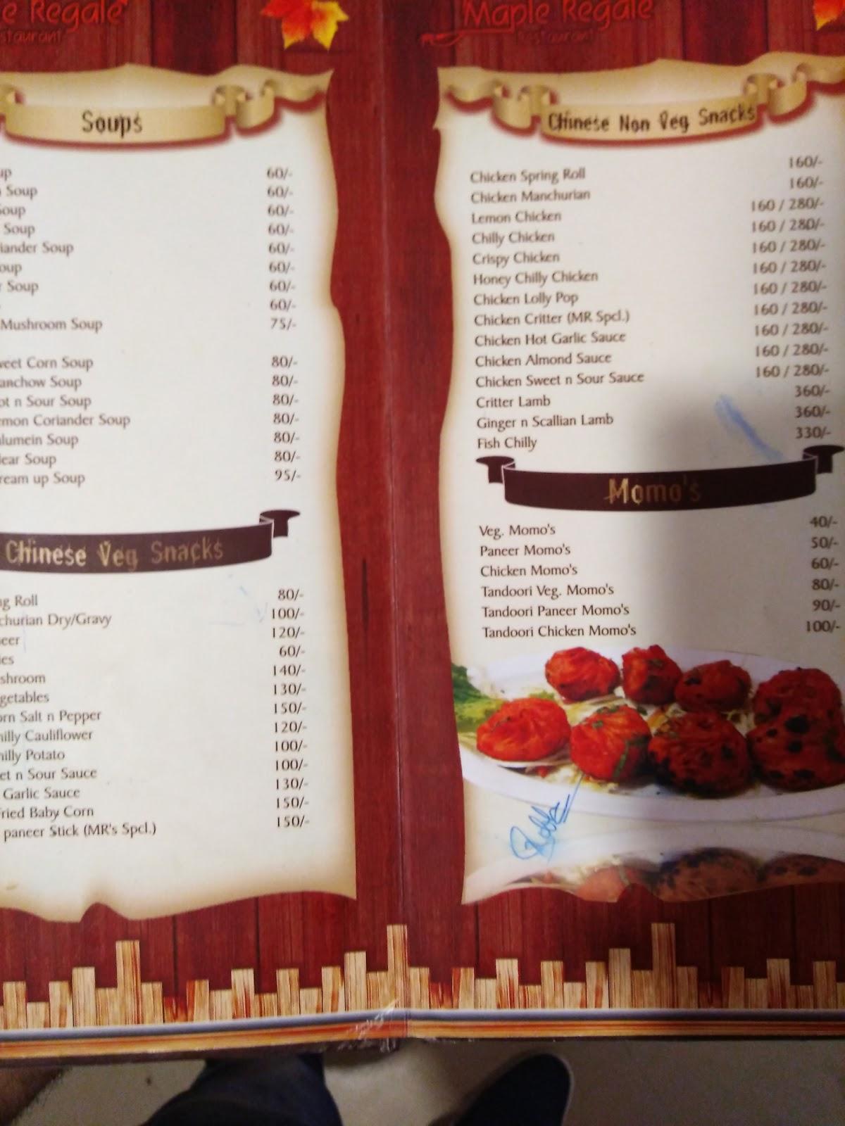 Menu at Maple Regale, Nabha
