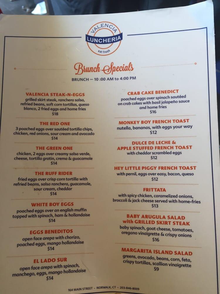 Menu at Valencia Luncheria restaurant, Norwalk