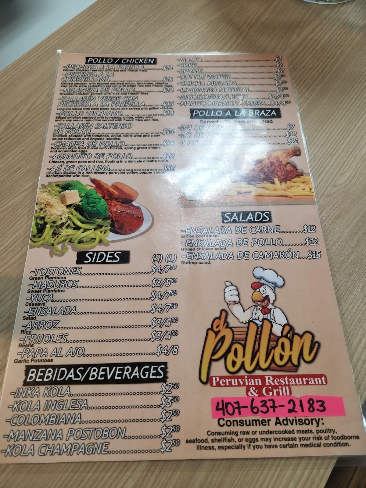 Menu at El Pollon Restaurant, Longwood