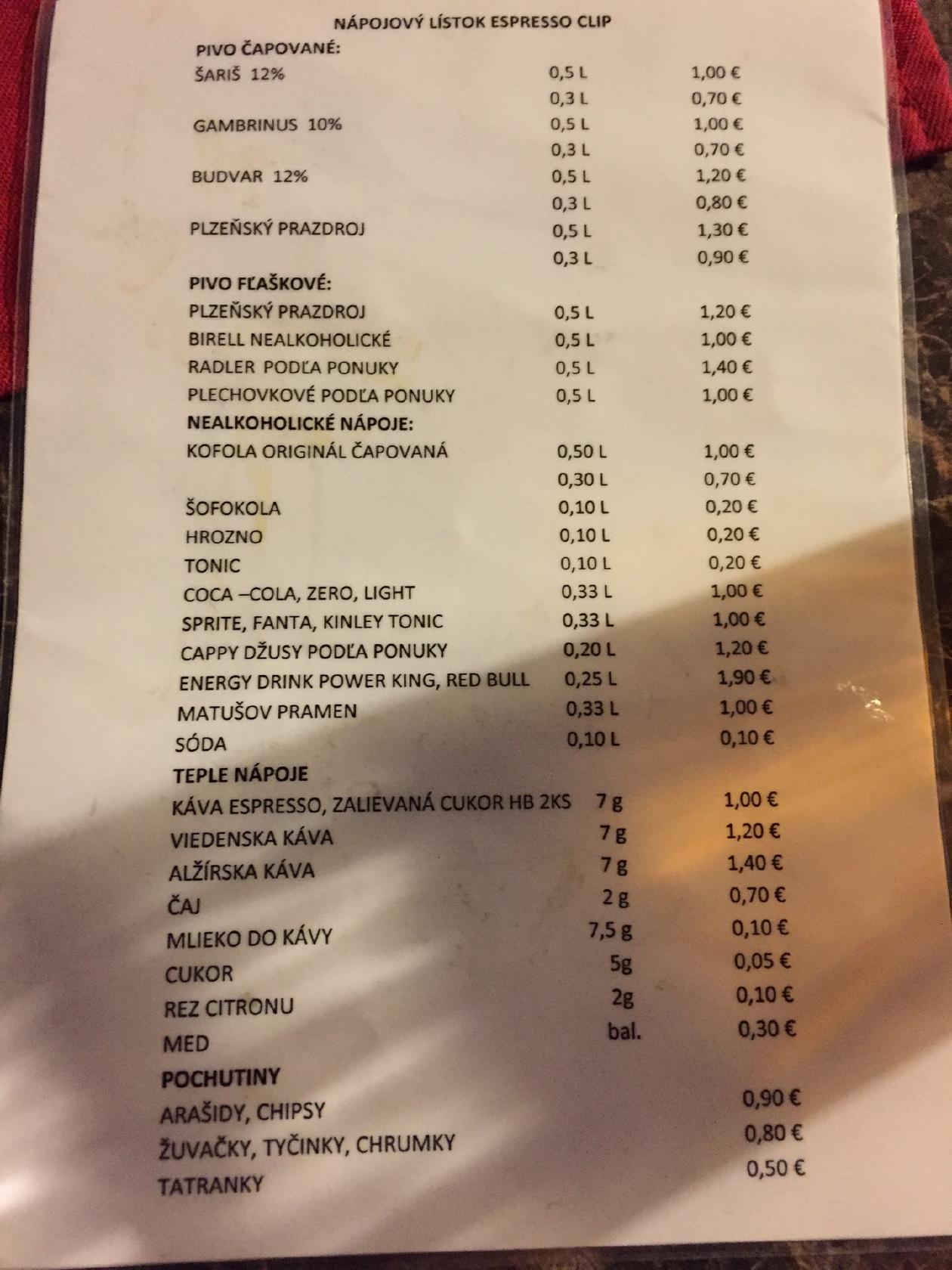Menu at Espresso Clip pub & bar, Bratislava