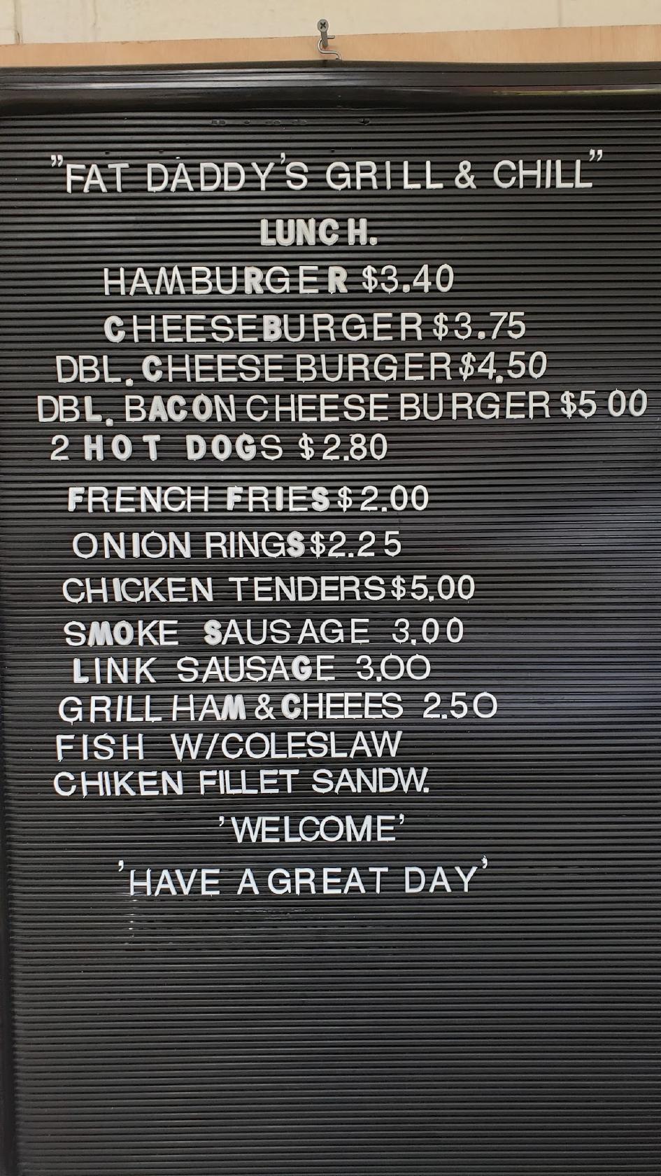 Menu at Fat Daddy's Grill restaurant, Goldsboro