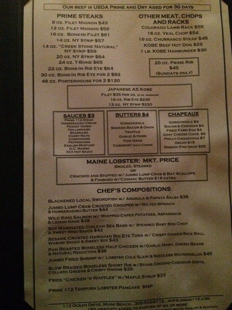 Menu at Prime 112 Restaurant, Miami Beach