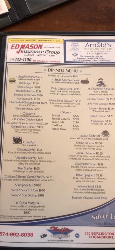 Menu at Silver Lake restaurant, Logansport