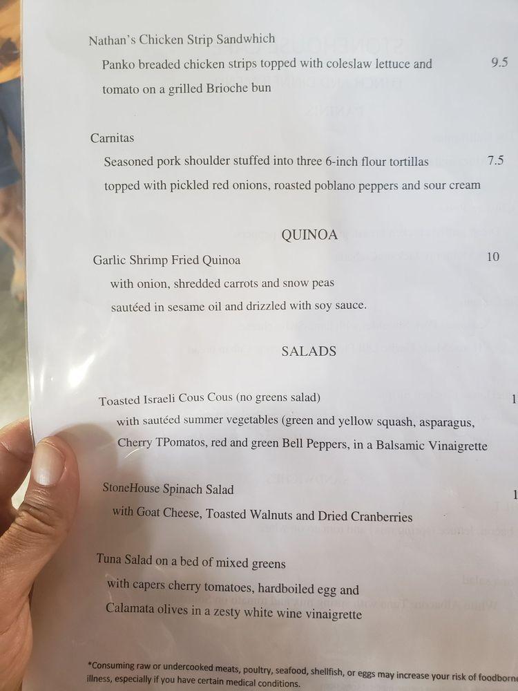 Menu at Stonehouse Cafe, Ephrata Township