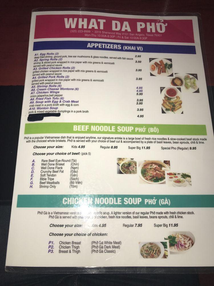 Menu at What Da Pho restaurant, San Angelo