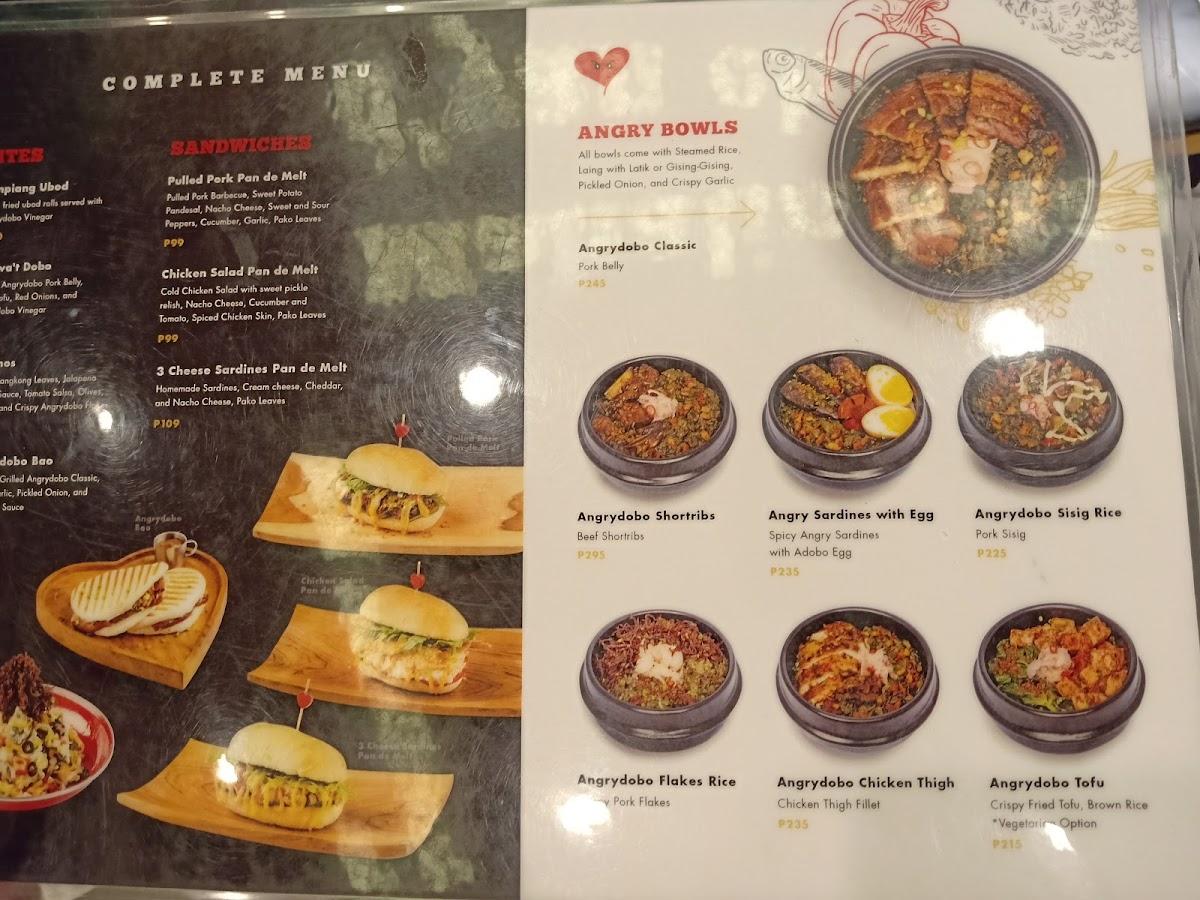Menu at Angrydobo restaurant, Manila