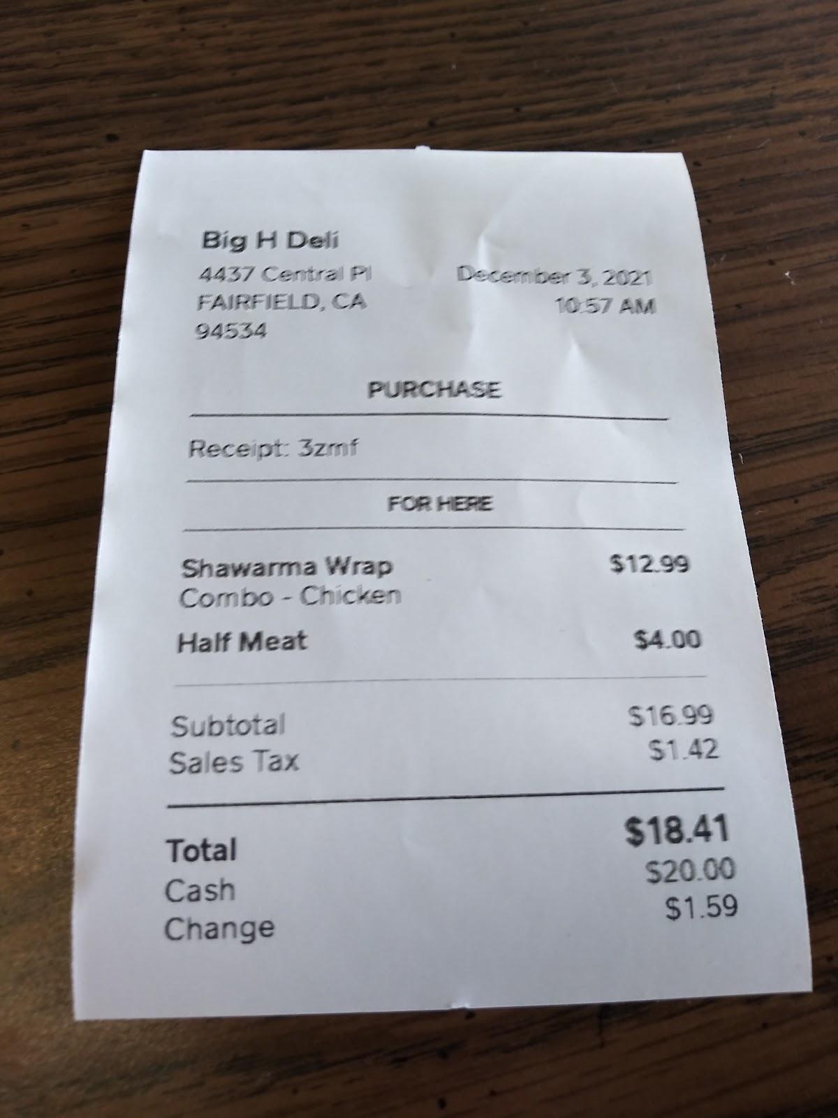 Menu at BIG H DELI restaurant, Fairfield