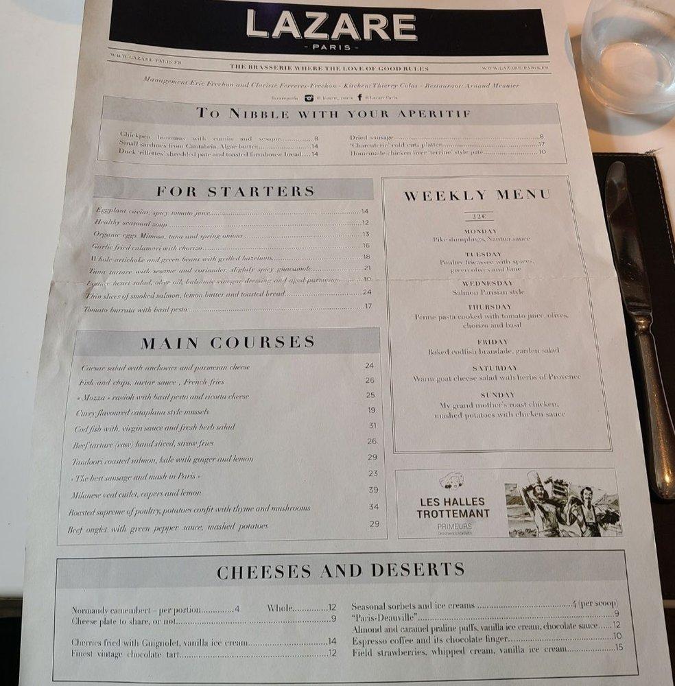 Menu au Brasserie Lazare Paris restaurant, Paris, Rue Intérieure