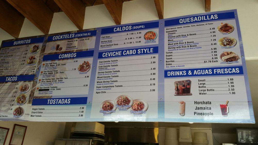 Menu at Cabo Tacos restaurant, Glendora