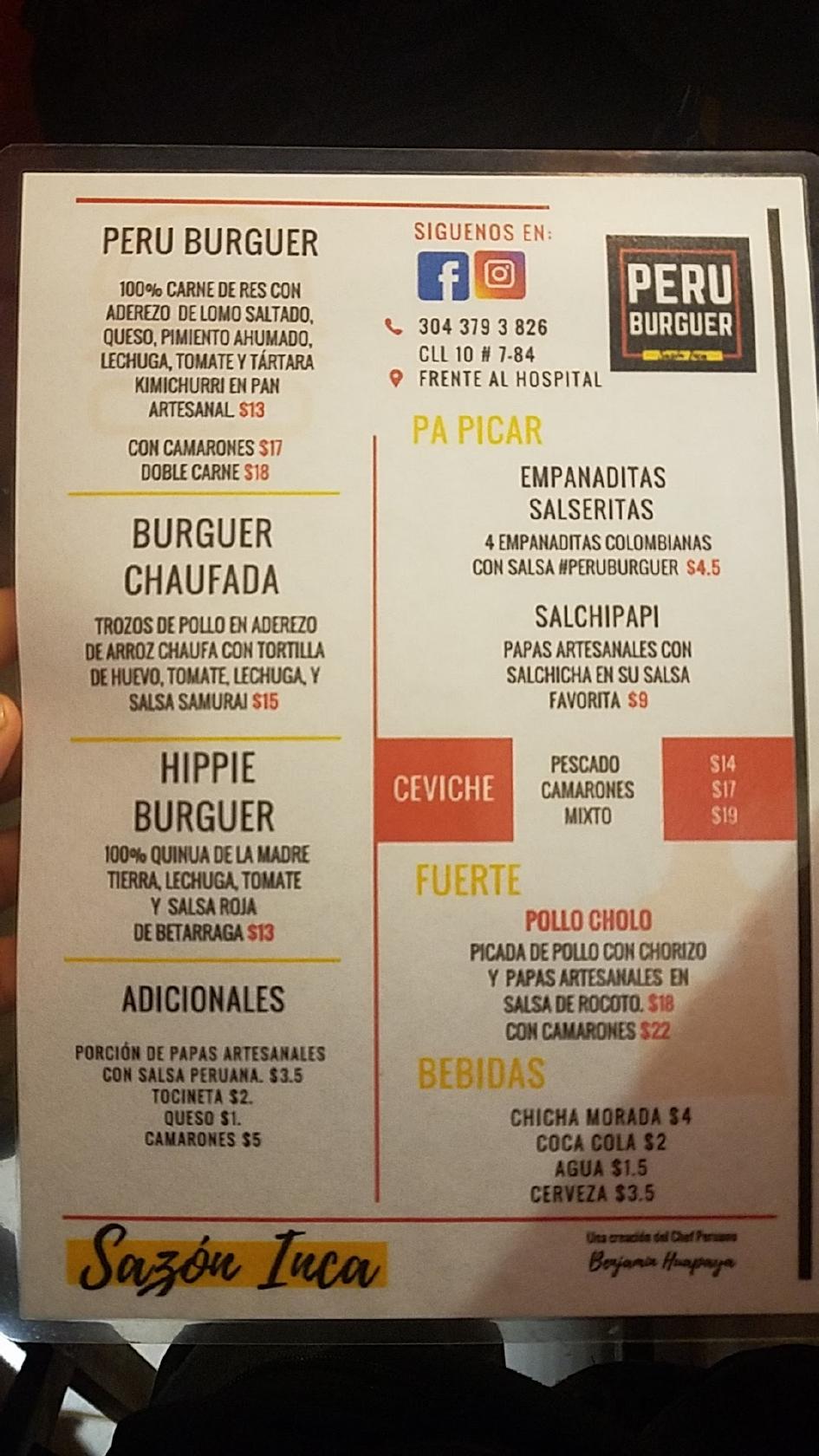 Carta del restaurante Peru Burguer Villa del Leyva, Villa del Leyva