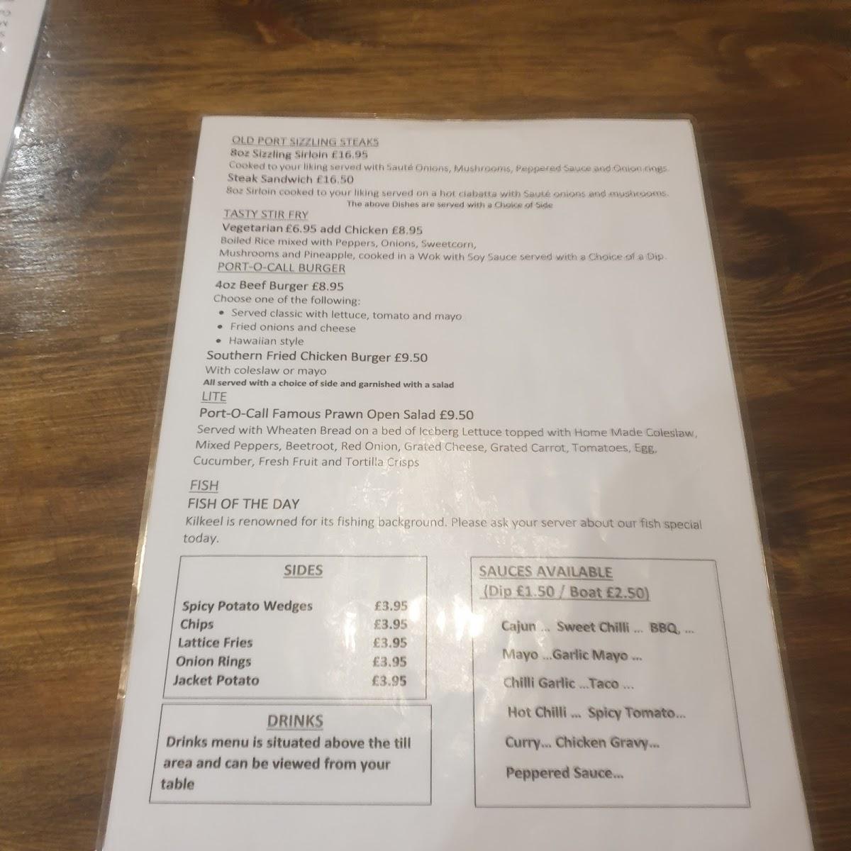 Menu at Port O Call restaurant, Kilkeel