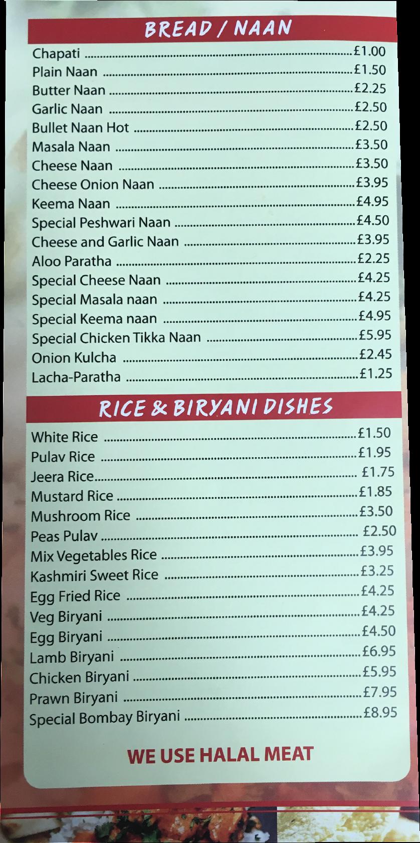 Menu at Ram Curry House restaurant, Gibraltar