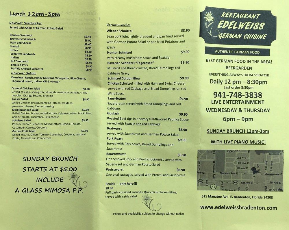 Menu at Restaurant Edelweiss, Bradenton