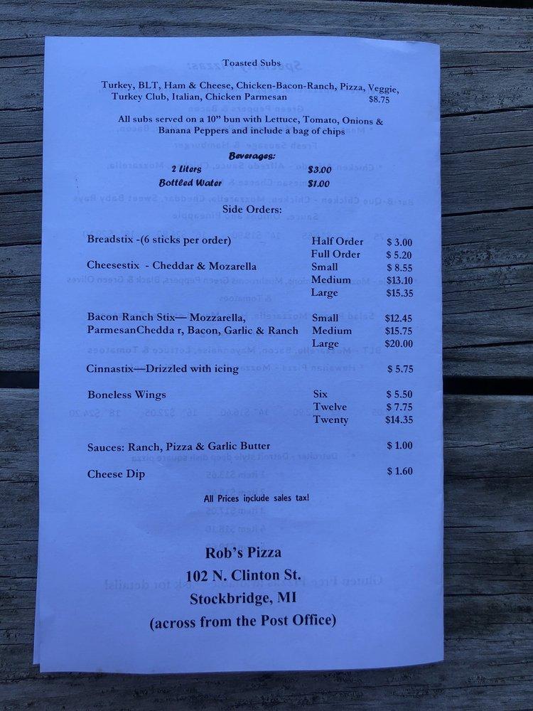 Menu at Rob's Pizza pizzeria, Stockbridge