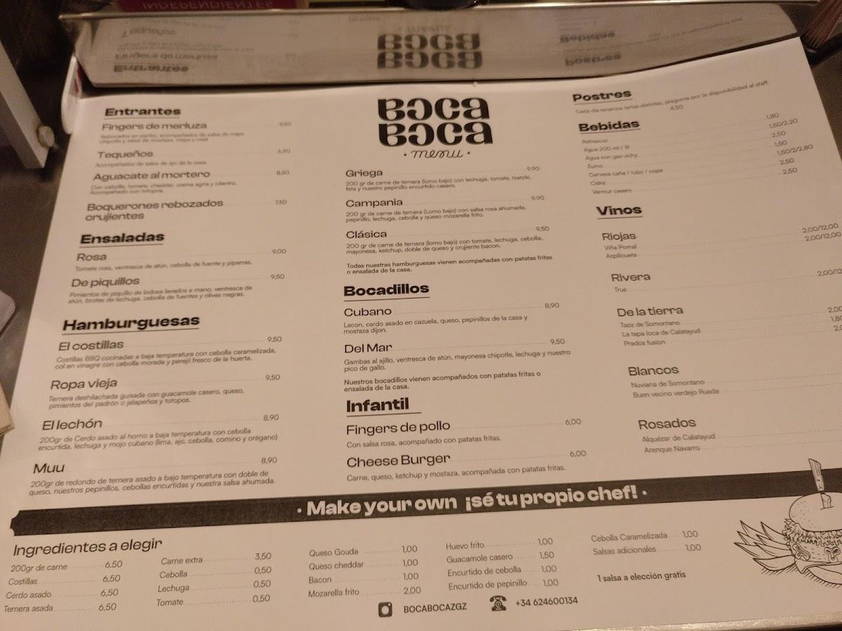 Menu at Boca Boca restaurant, Zaragoza, C. de Virginia Woolf