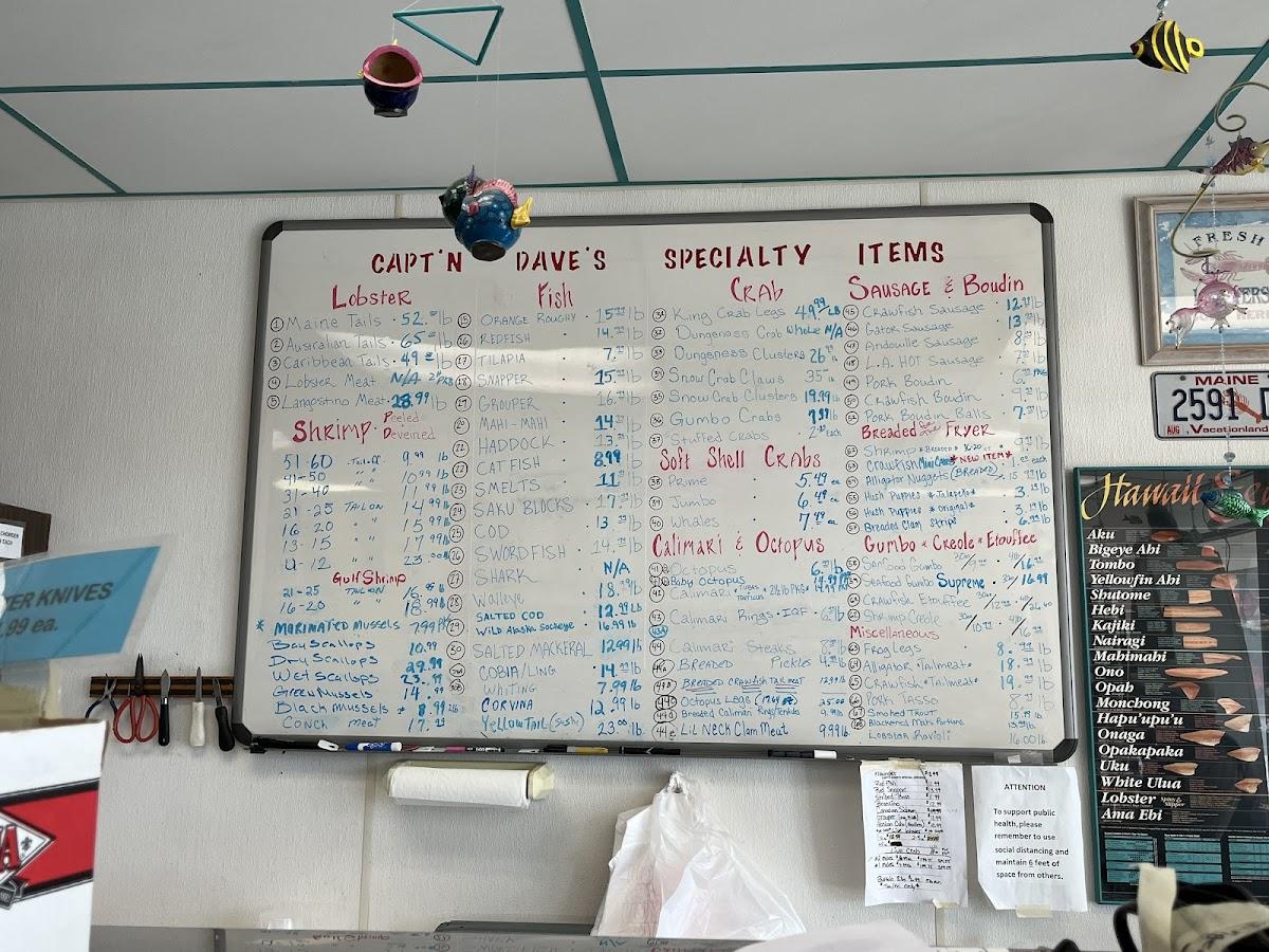 Menu at Capt'n Dave's Seafood Market restaurant, Plano, 700 Alma Dr