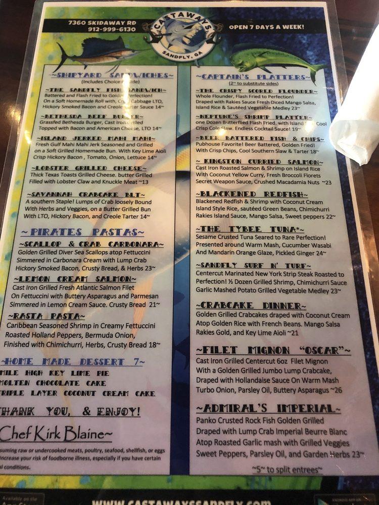 Menu at Castaways restaurant, Savannah, Skidaway Rd