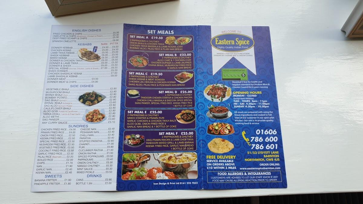 Menu at Eastern Spice fast food, Northwich